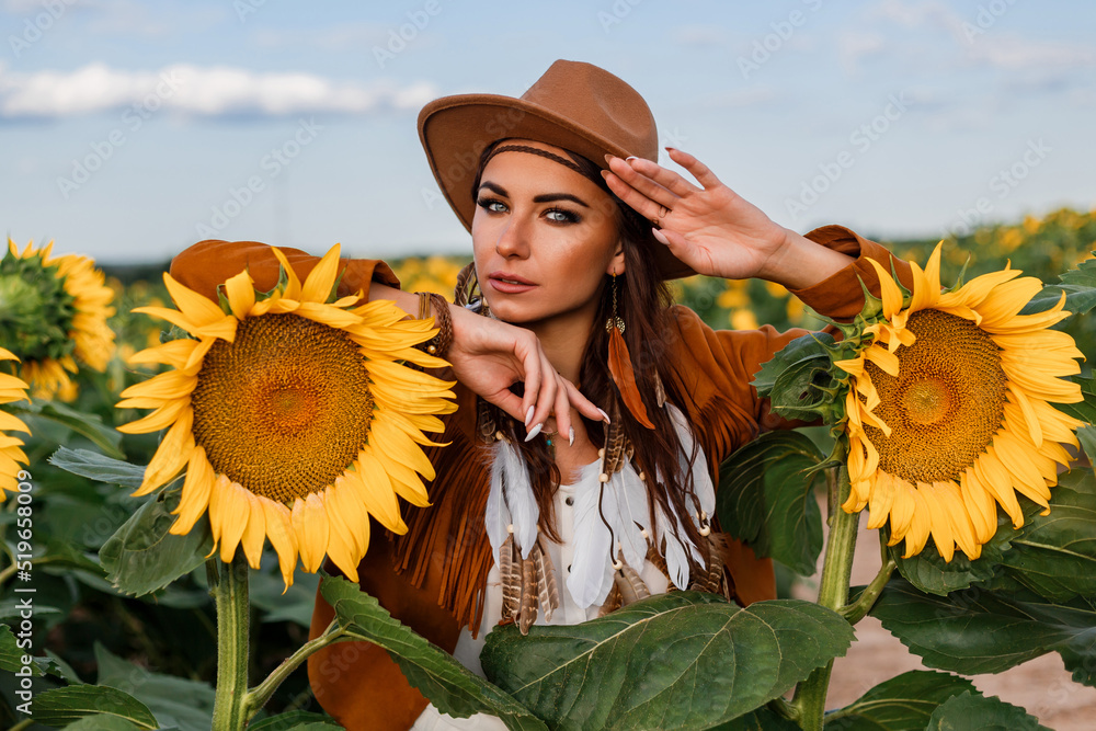 boho, bohemian style girl in a field of sunflowers, summer mood, hot ...