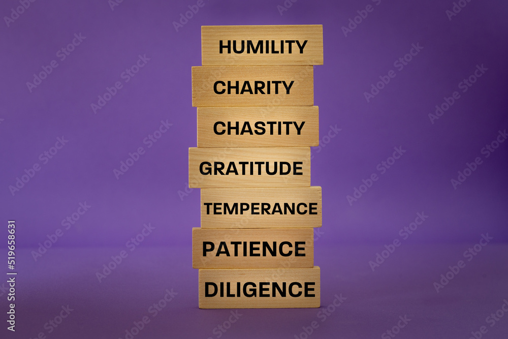 seven virtues according to the Christian faith, written on wooden ...
