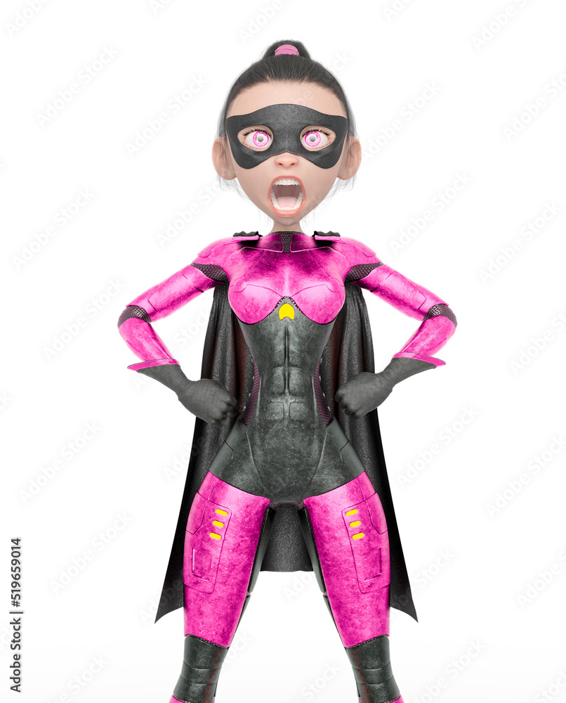 superheroine girl is yelling and also doing a power pose in white ...