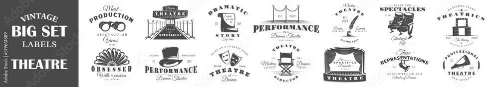 Set of theatre labels. Collection of theatre symbols: stage, mask ...