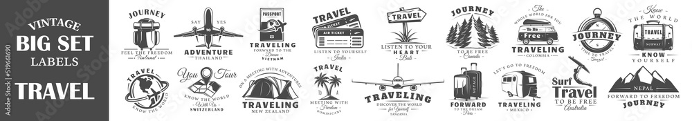 Set of vintage travel labels isolated on white background. Posters ...
