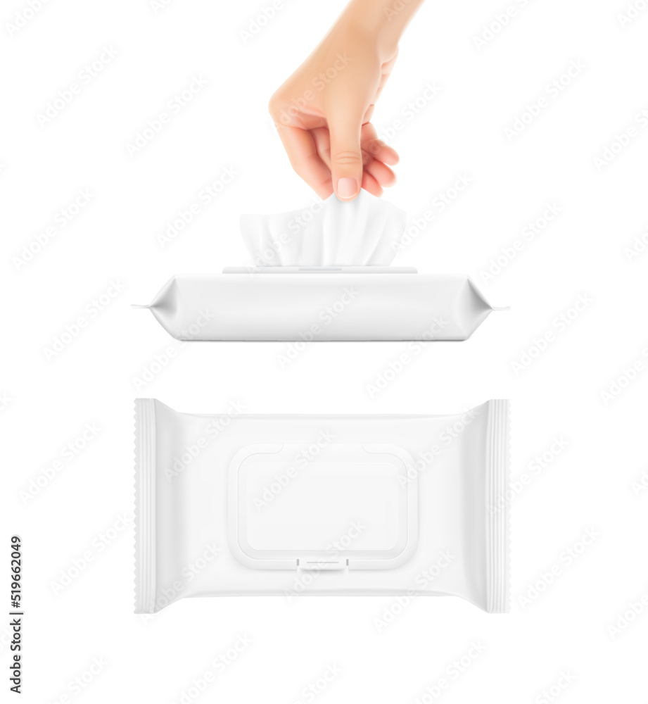 Realistic wet wipes bag mockup with hand. Vector illustration isolated ...