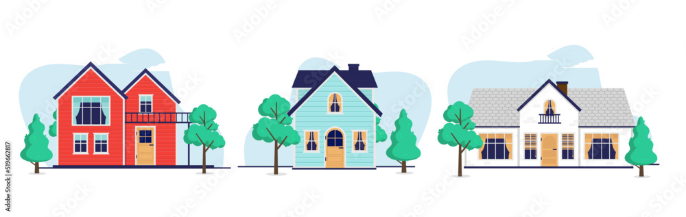 Vector houses in flat design - Set of three 2d house designs in front ...
