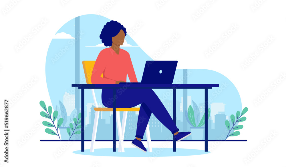 African American Black professional woman sitting with computer laptop ...