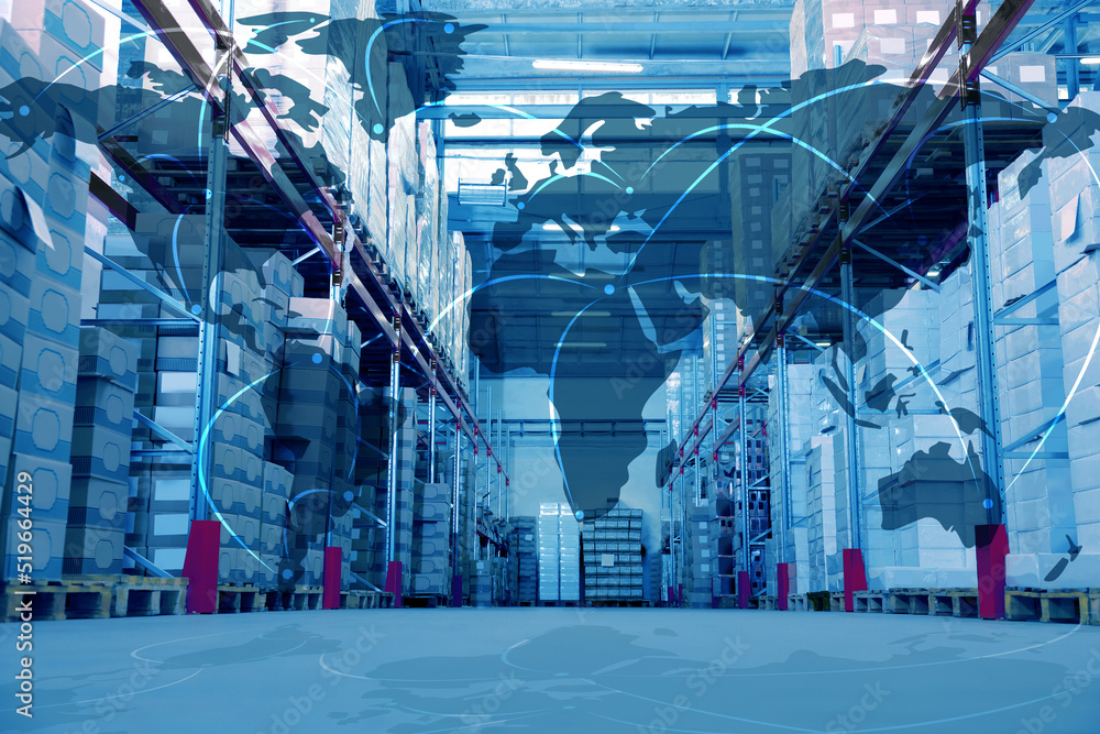 Worldwide logistics. Storage racks with different boxes in warehouse ...
