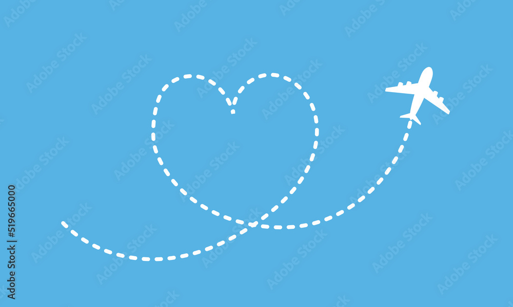 irplane route dashed line path with heart shape vector icon. Love ...