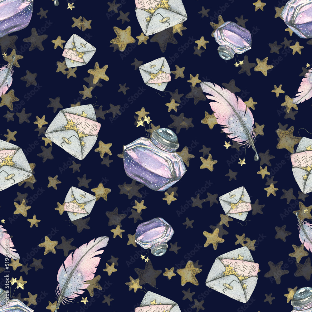 Magic letters with pen and ink in a bottle on a dark background with ...