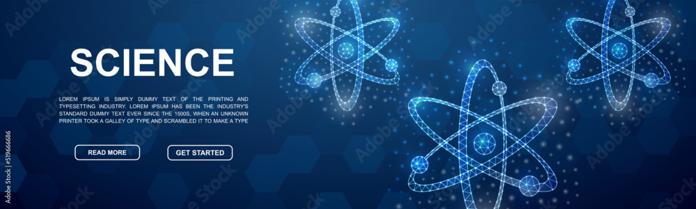 Atom polygonal horizontal banner. Atomic neutron low poly symbol for ...