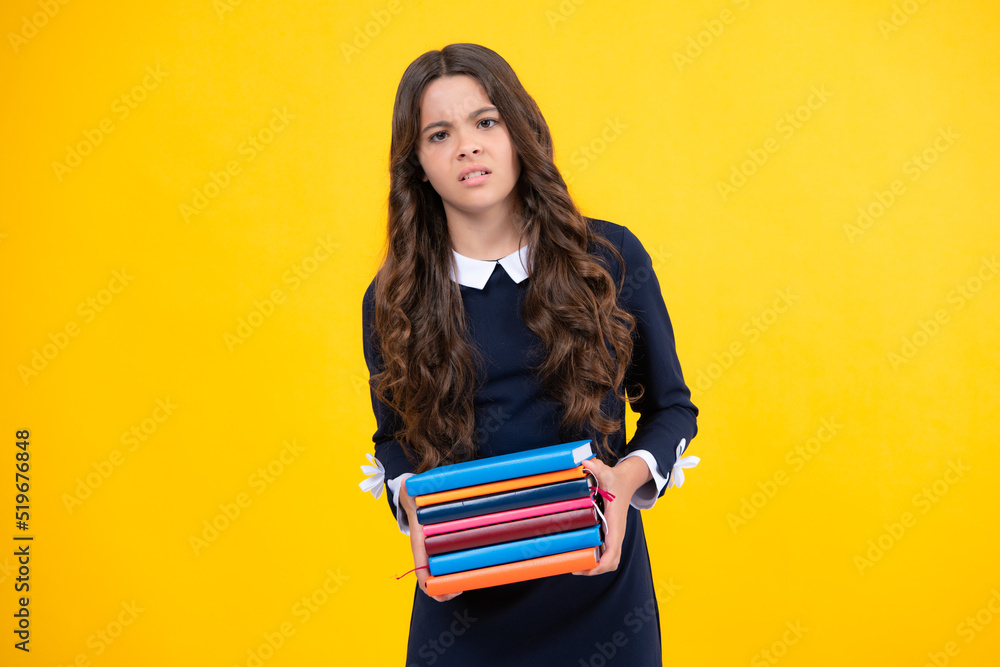 Schoolgirl with copy book posing on isolated background. Literature ...
