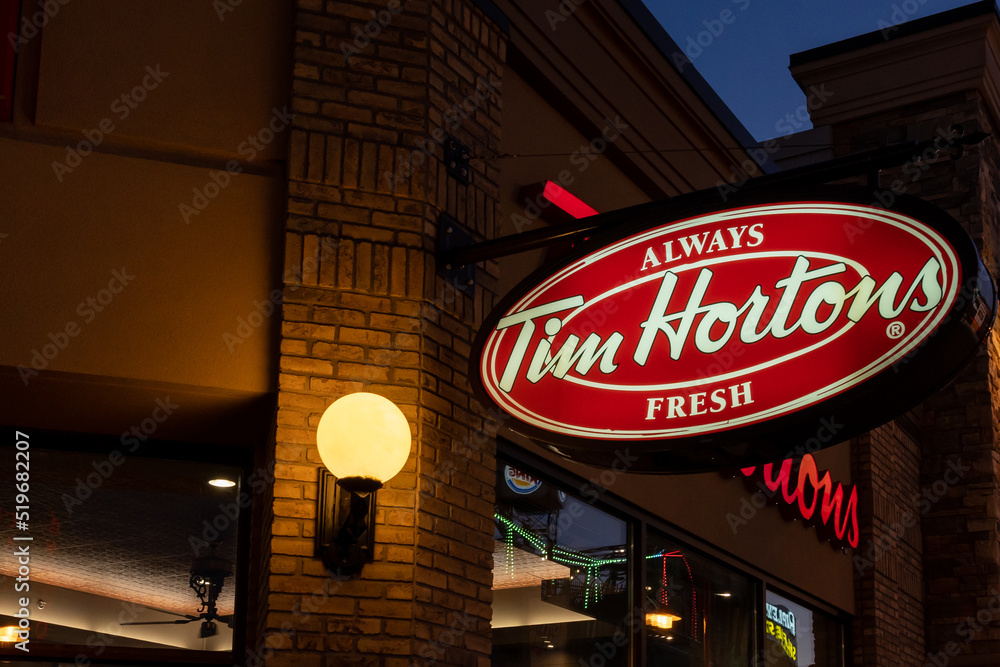 Niagara Falls, Ontario, Canada - July 22, 2022: Tim Hortons sign in the ...
