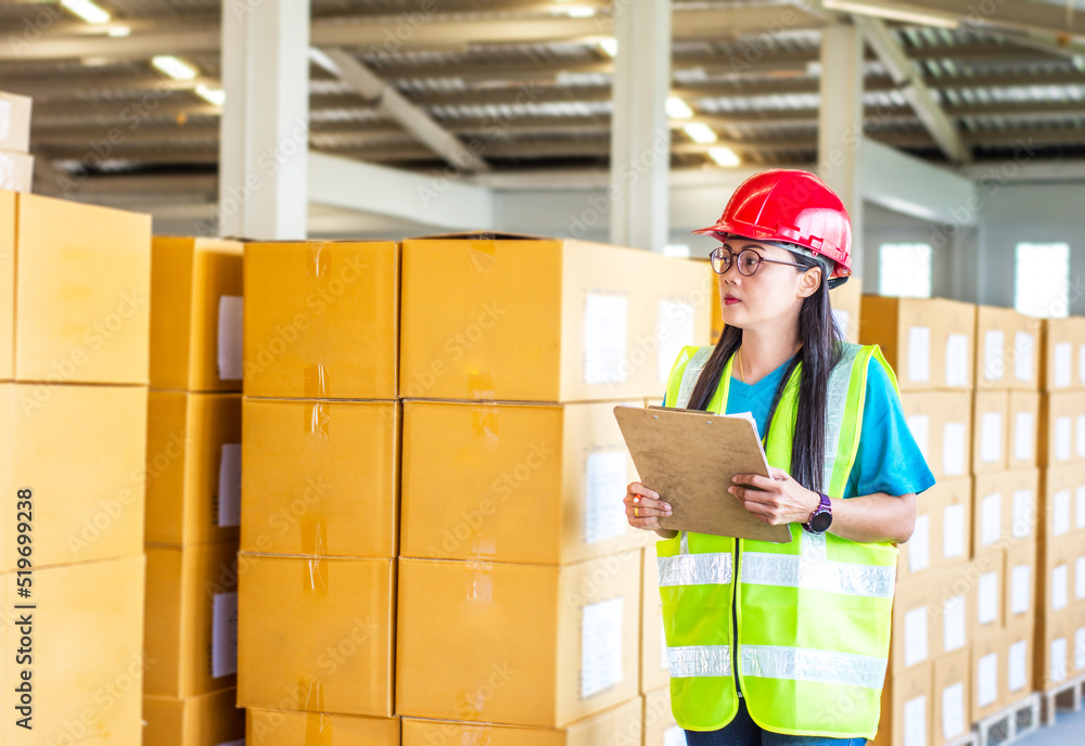 Warehouse worker inspecting checklist cargo shipment and checks ...