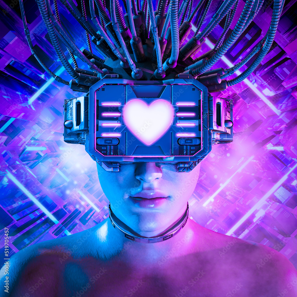 Cyberpunk valentine - 3D illustration of beautiful science fiction ...