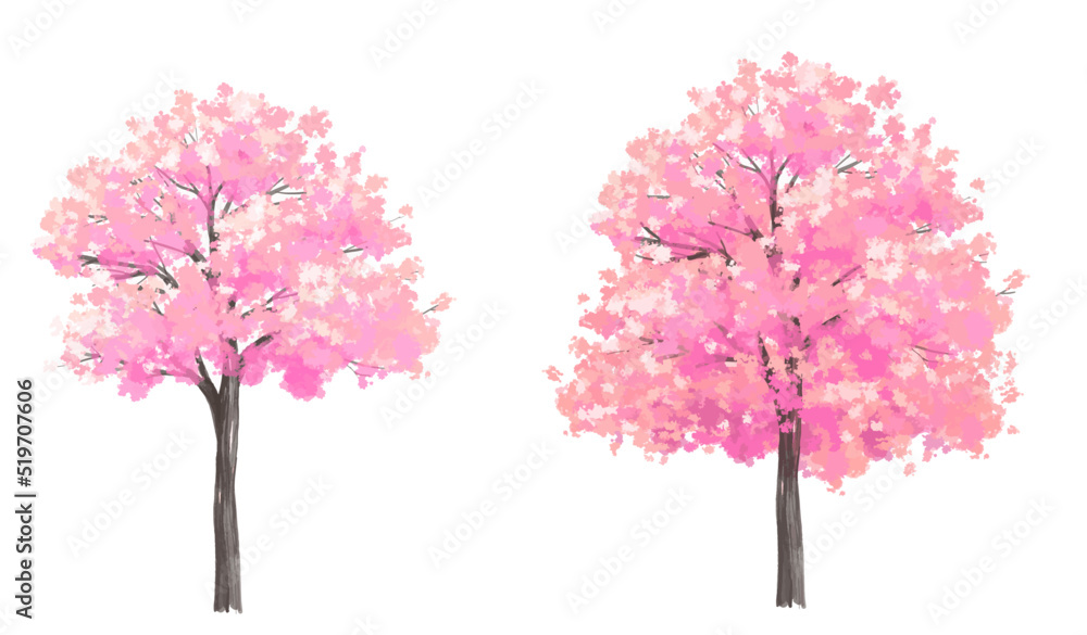 Vector watercolor blooming flower tree side view isolated on white ...