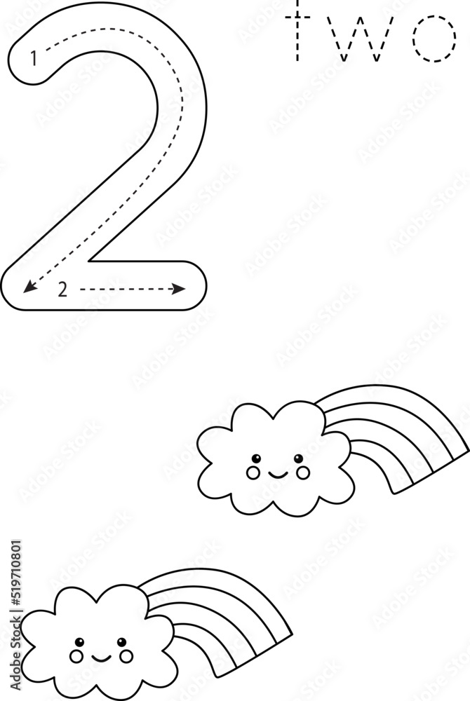 Flashcard number 2. Preschool worksheet. Black and white rainbow clouds ...