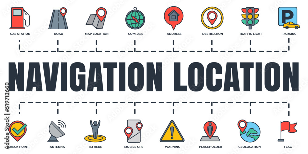 Navigation, location banner web icon set. address, flag, traffic light ...