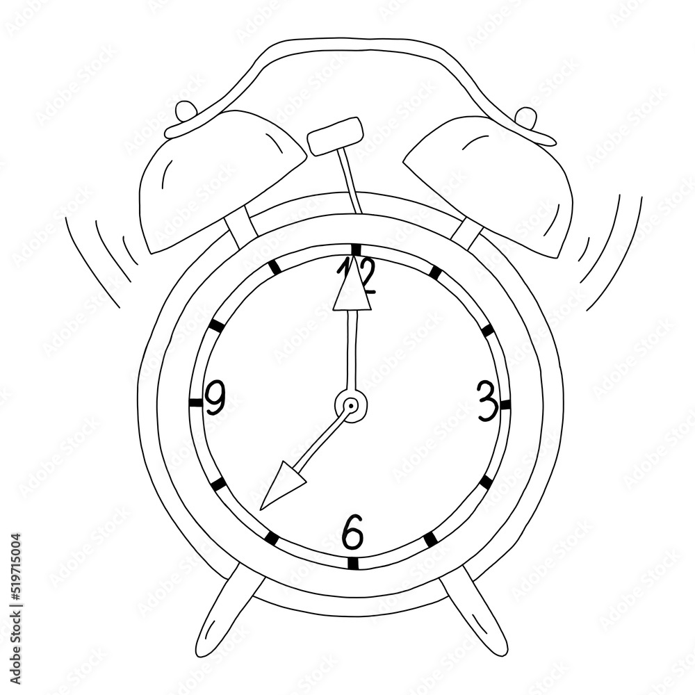 Alarm clock, outline drawing with black line on white by hand. Stock ...
