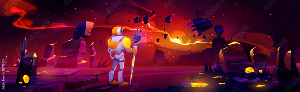 Astronaut on alien planet in far galaxy. Cosmonaut in suit and helmet ...