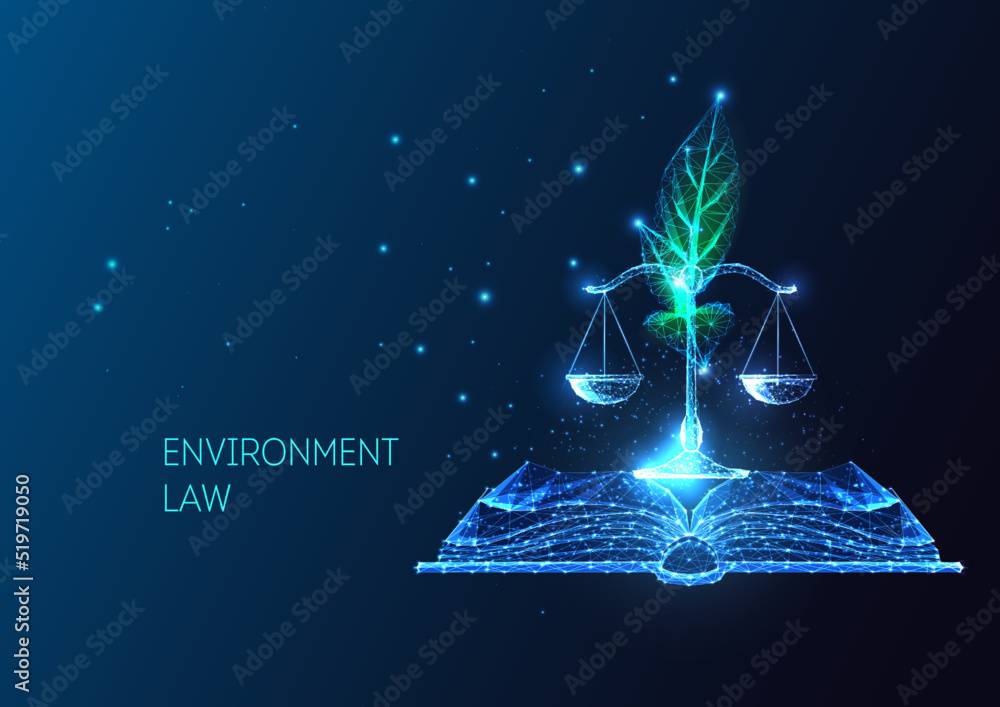 Environment law concept with open book, scales and plant sprout in ...