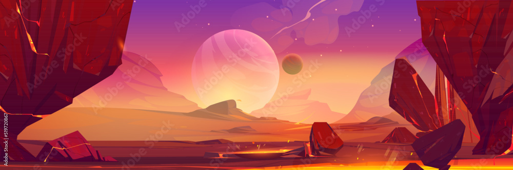 Space landscape cartoon illustration with rocks and craters, large alien planet on horizon ...