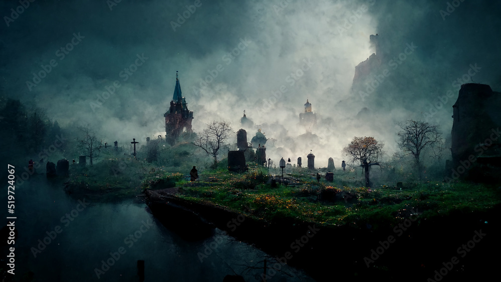 Haunted village house and cemetery in foggy atmosphere, fog scary ...