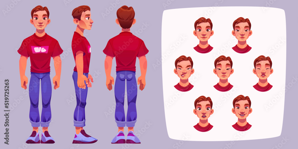Standing man in front, side and back view and his face with different ...