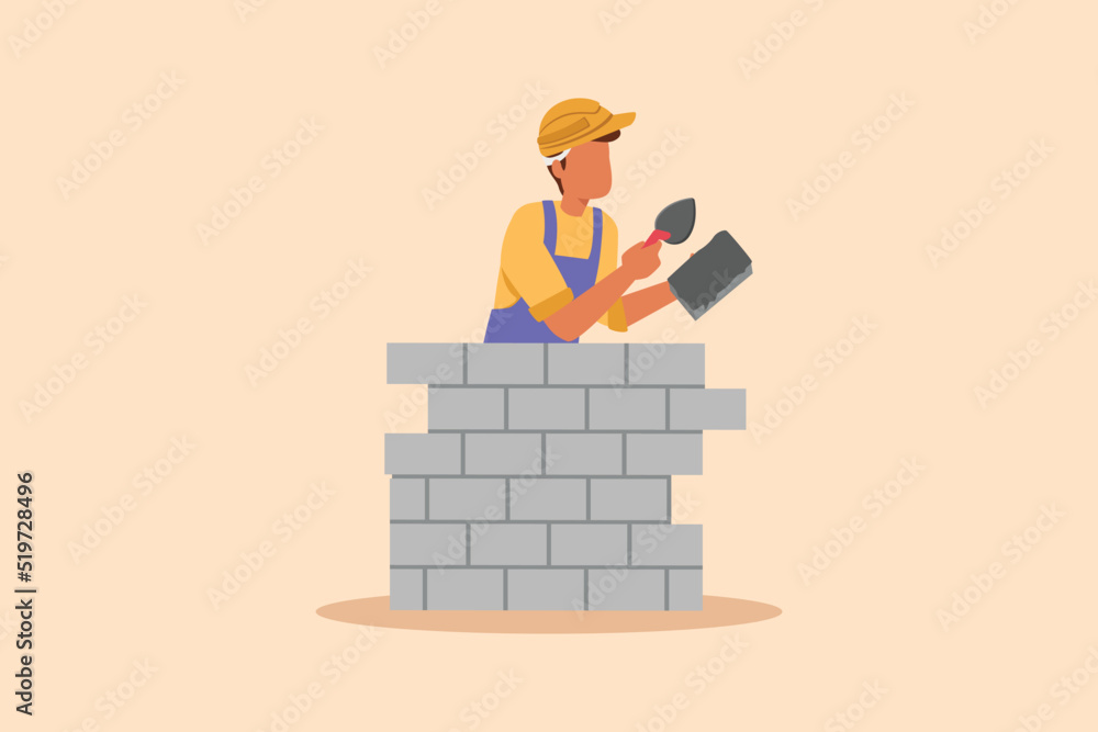 Business flat cartoon style drawing young repairman building brick wall ...