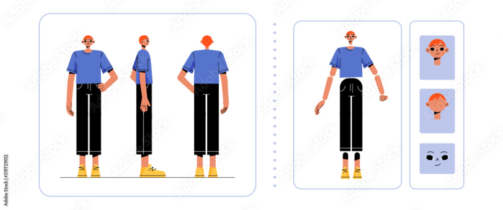Male character animation personage side, rear, front view and emotions ...