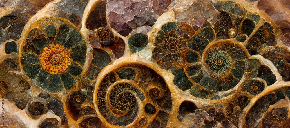 Rustic autumn hues spiral ammonite fossil embedded in rock, surrounded ...
