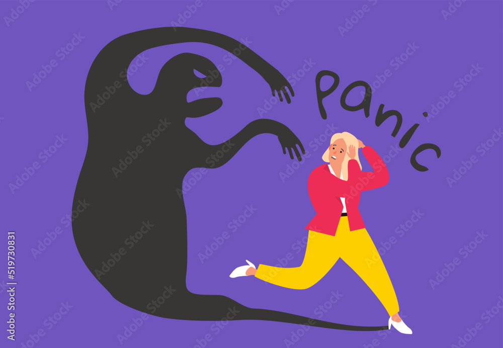 panic attack scared woman run away from her shadow monster vector ...