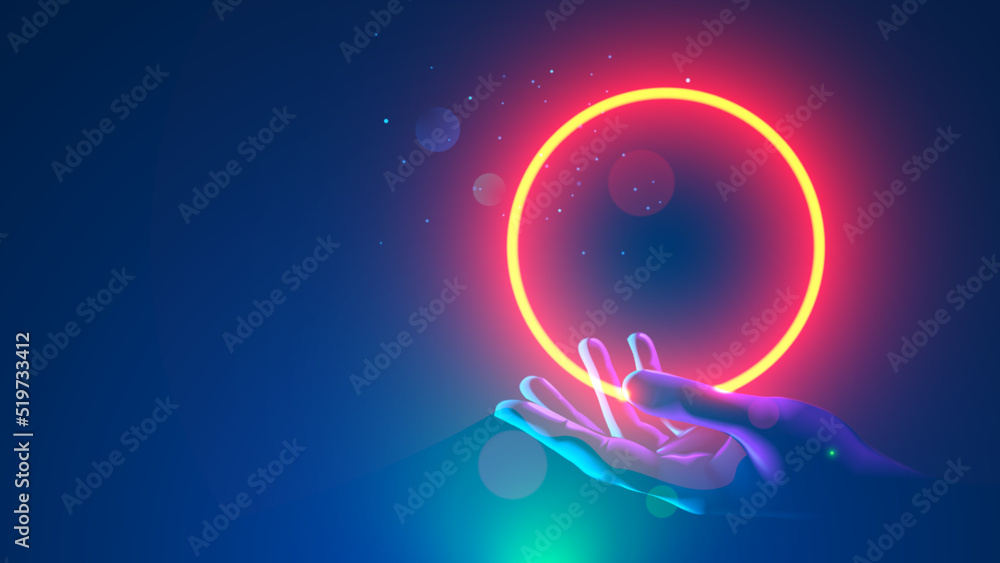 Futuristic round red neon frame over hand human. Abstract circle light ...