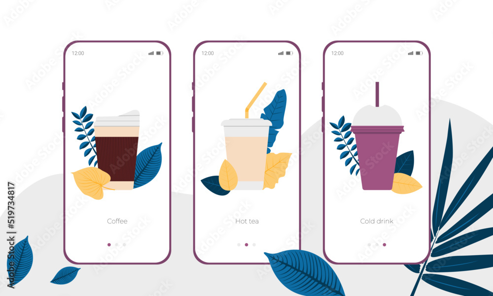 Paper cups with coffee and tea. Screen set of Mobile app. Illustrations ...