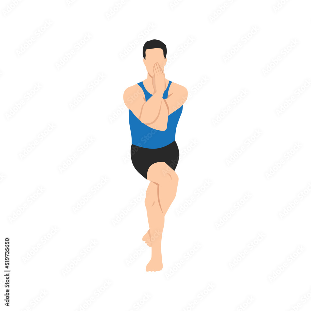 Man doing eagle pose Garudasana exercise. Flat vector illustration ...
