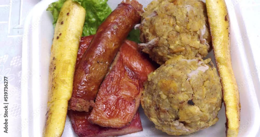 Close-up from above of the Peruvian jungle food, Tacacho with cecina ...