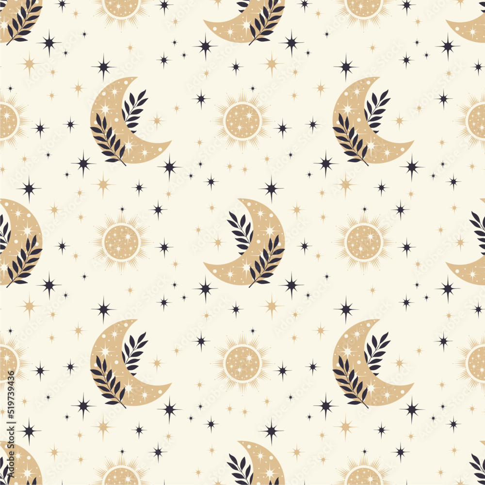 Light celestial seamless pattern. Boho magic background with space ...