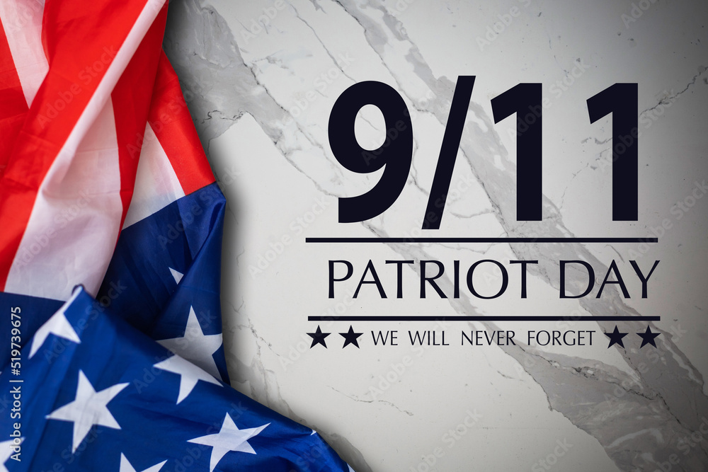 9 11 Memorial Illustration reading Never Forget with photograph of an american flag. Stock Photo ...