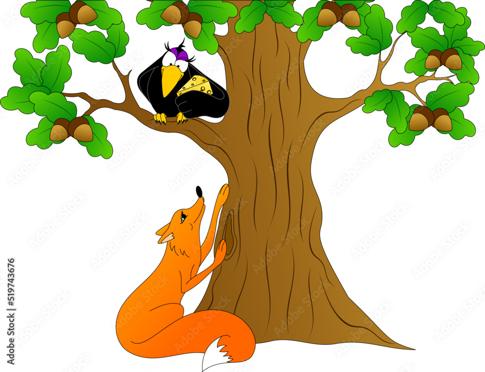 a fox sits under a tree on which a crow sits with a piece of cheese ...