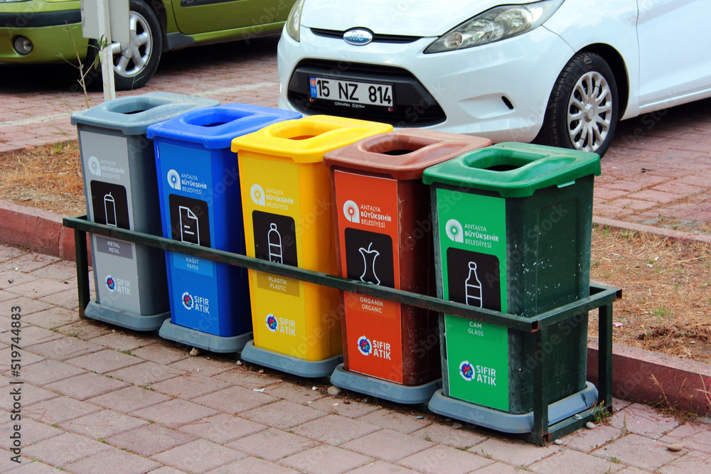 Antalya, Turkey - June 3, 2022: Five garbage bins for different sorts ...