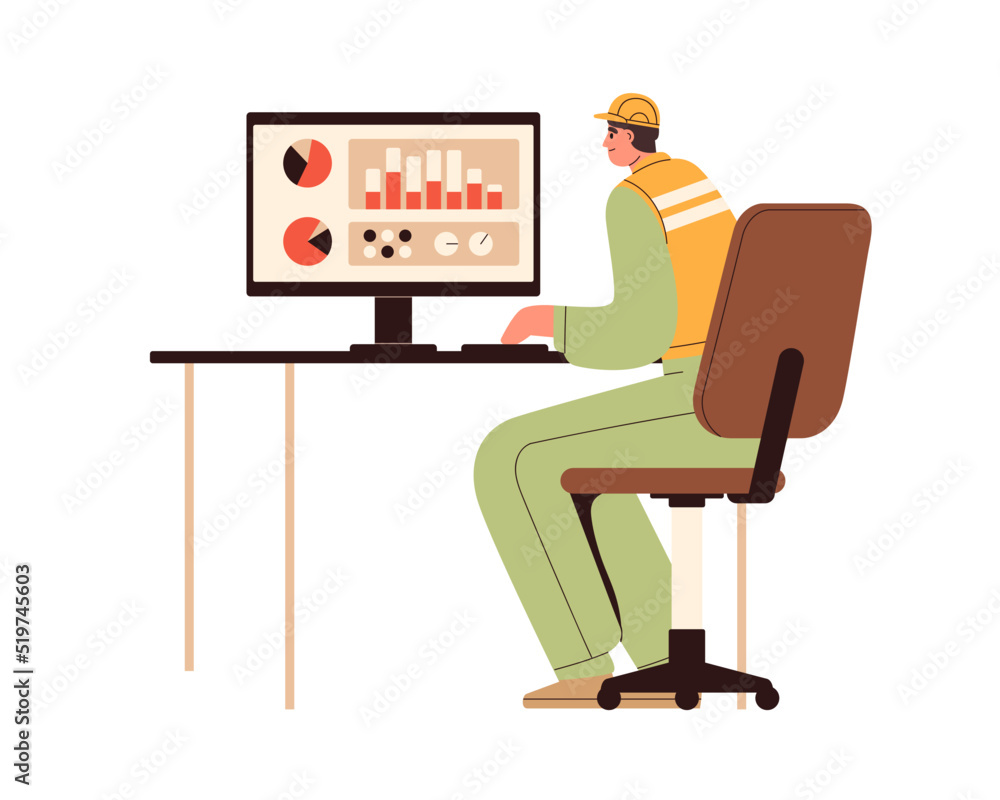 Industry supervisor at computer screen, monitoring smart production at ...