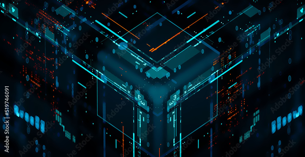 3D rendering of cyberpunk AI. Circuit board. Technology background ...
