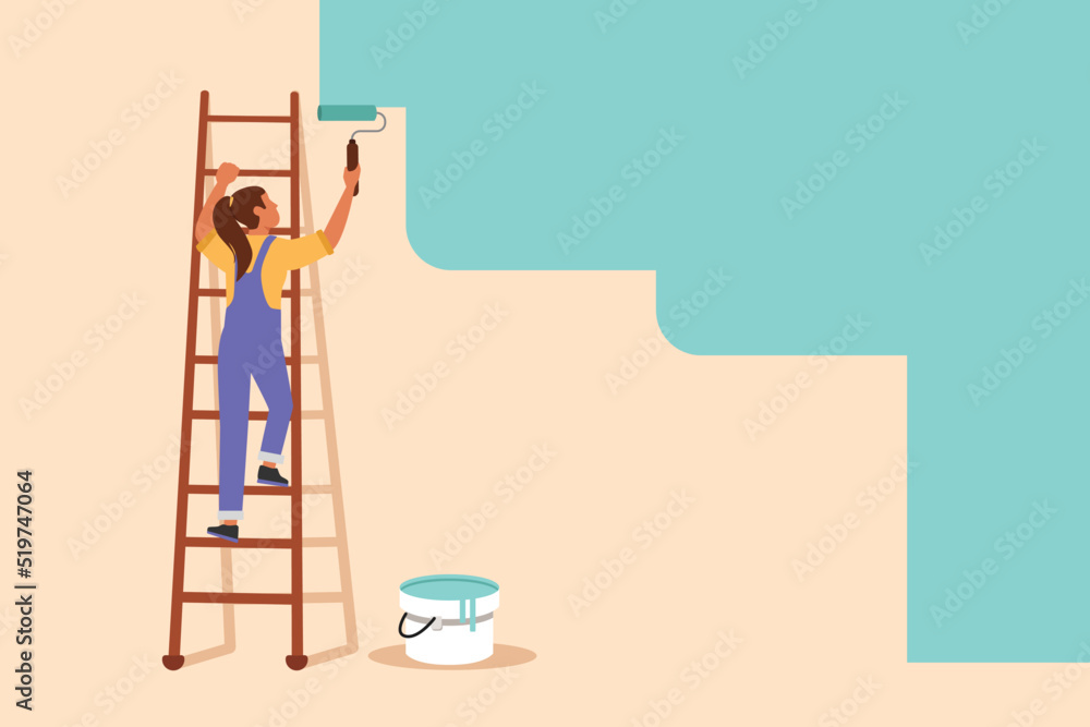 Business flat cartoon style drawing painter standing on ladder paints ...