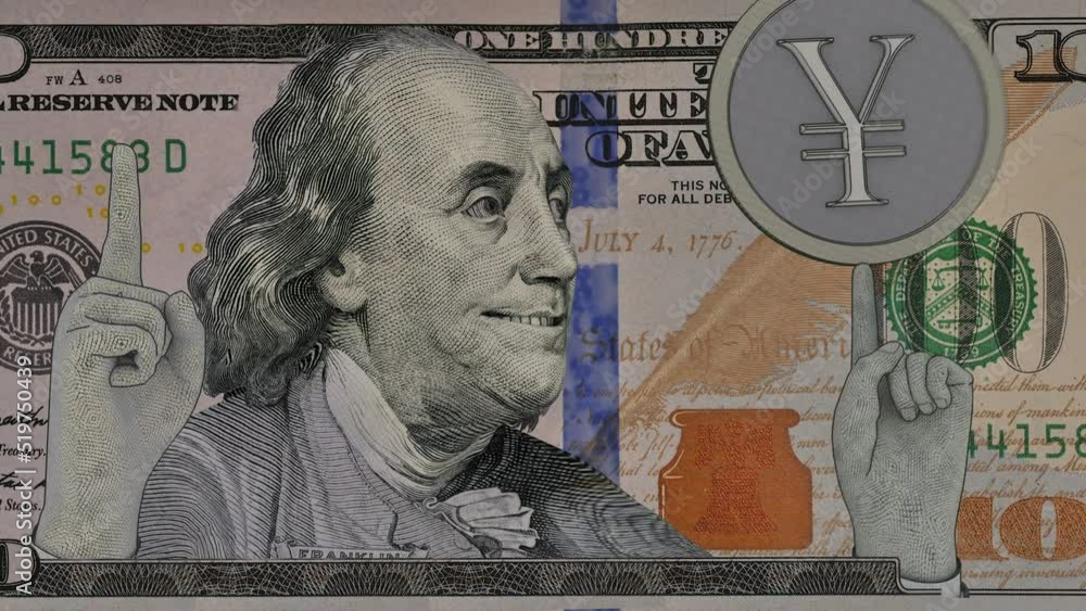 Benjamin Franklin on a hundred dollar bill slips a yen, yuan coin on ...