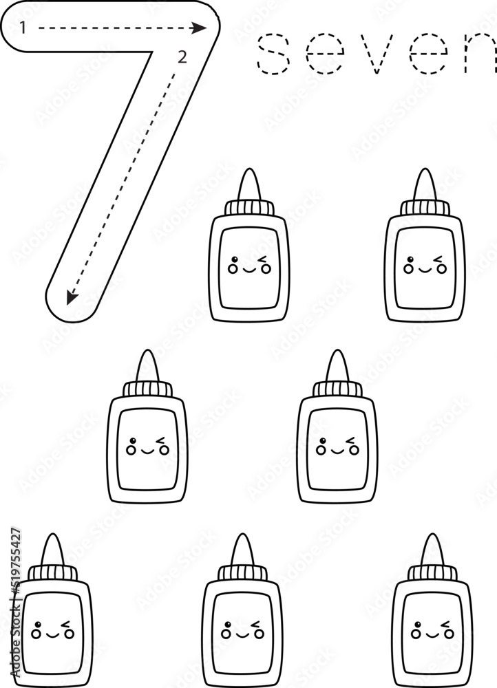Flashcard number 7. Preschool worksheet. Black and white glue tubes ...