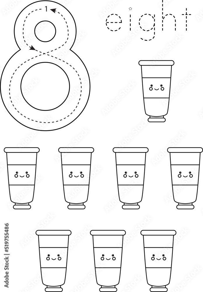 Flashcard number 8. Preschool worksheet. Black and white paint tubes ...