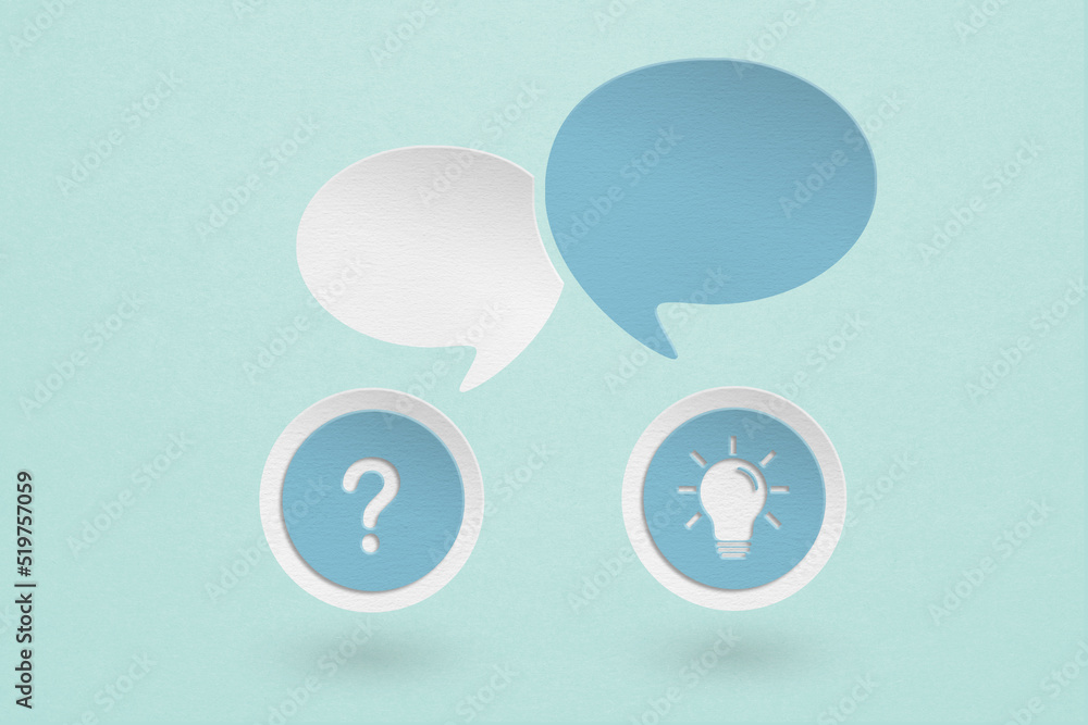 question mark sign and answer text on paper cut with white and blue ...