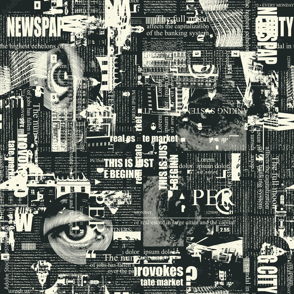 Black and white vector background with newspaper and magazine fragments ...