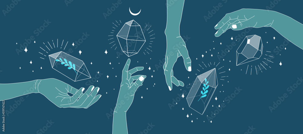 Hand holding crystal gem outline illustrations set. Magic crystal ...