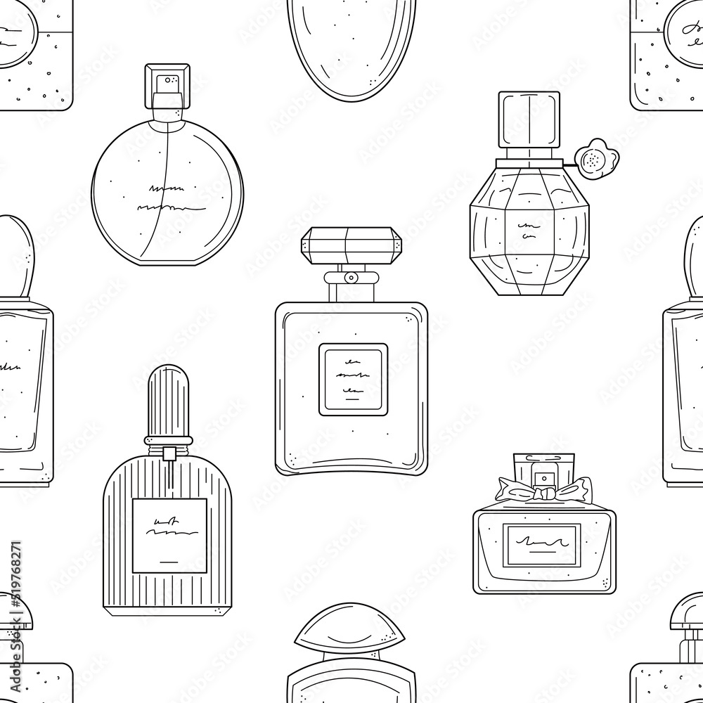 Perfume bottles line art style seamless pattern. Glass flasks with ...
