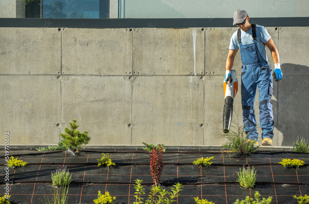 Professional Landscaper with Air Blower Cleaning Weed Control Vinyl ...