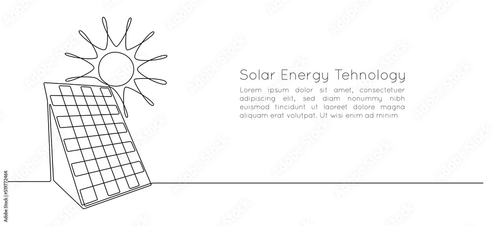 One continuous line drawing of Solar panel with sun. Green clean energy ...