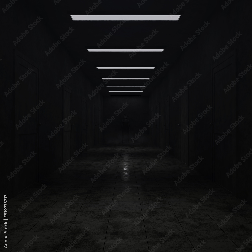 horror corridor and ghost girl in a horror dark night forest background ...